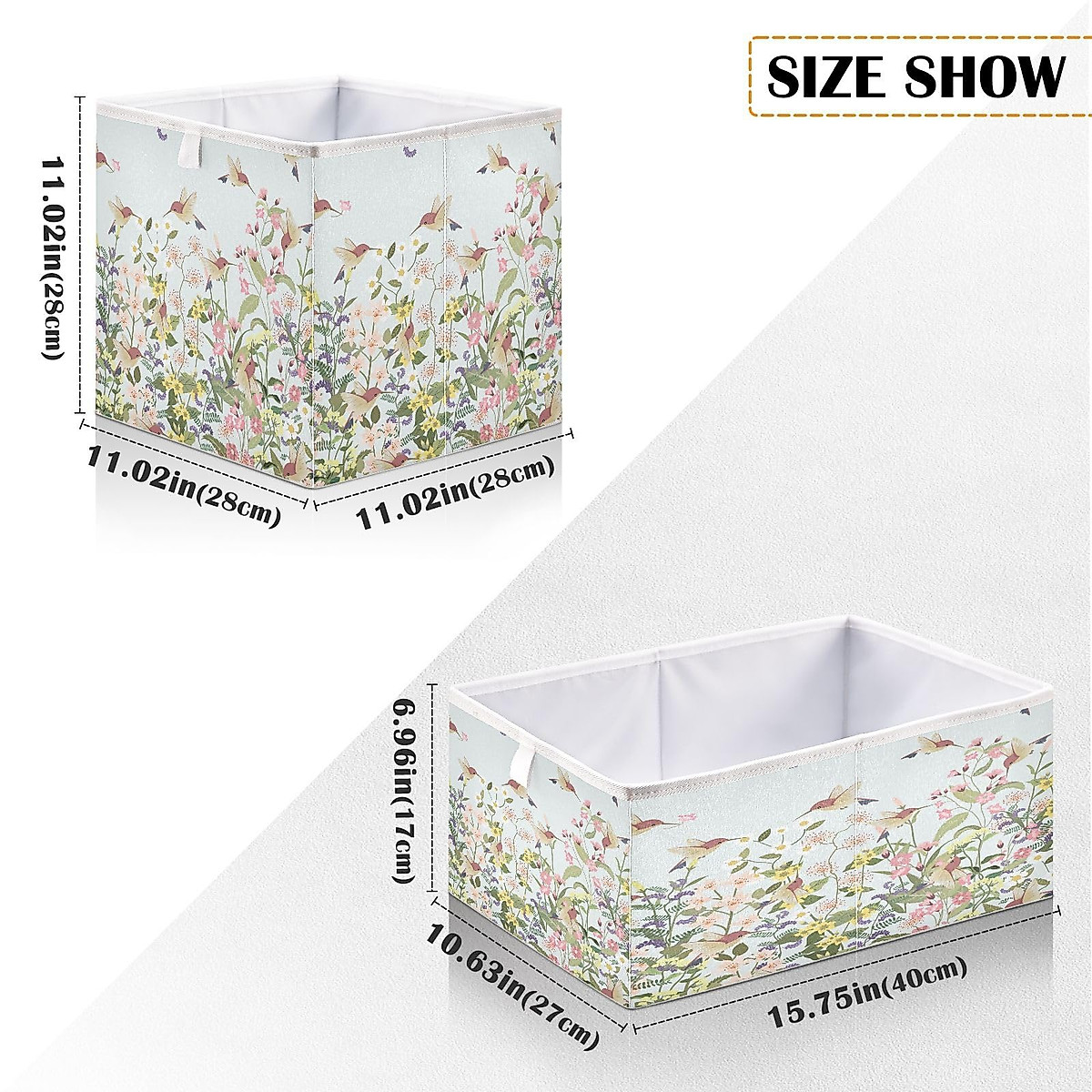 FUGIDOG 11x11x11 inch Fabric Storage Bins Flowers Hummingbirds Foldable Storage Cubes Baskets with Handles Clothes Toys Storage Box for Nursery Closet Shelves Organizer