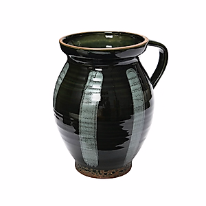 Creative Co-Op Hand Painted Striped Stoneware Pitcher, Green and White Serveware, 9"L x 7"W x 10"H, Green & White