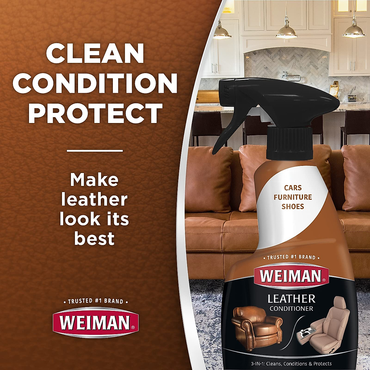 Weiman Leather Cleaner, Polish and Conditioner for Furniture, Car, Purses, Shoes, Boots and Couches- Micro Fiber Towel Included, 22oz