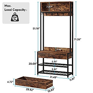 LITTLE TREE 4-in-1 Entryway Hall Tree with Drawer, Industrial Coat Rack with Shoe Bench, Shoe Storage Rack, Hutch and 9 Hooks, Rustic Brown