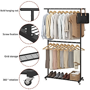 Sywhitta Double Rod Clothing Garment Rack, Rolling Coat Hanger with Bottom Mesh, Clothing Rack for Hanging Clothes, Coats, Skirts, Sweaters, Black