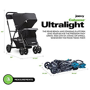 Joovy Caboose Ultralight Sit and Stand Double Stroller with Rear Bench and Standing Platform, 3-Way Reclining Seats, Optional Rear Seat, and Universal Car Seat Adapter (Black)