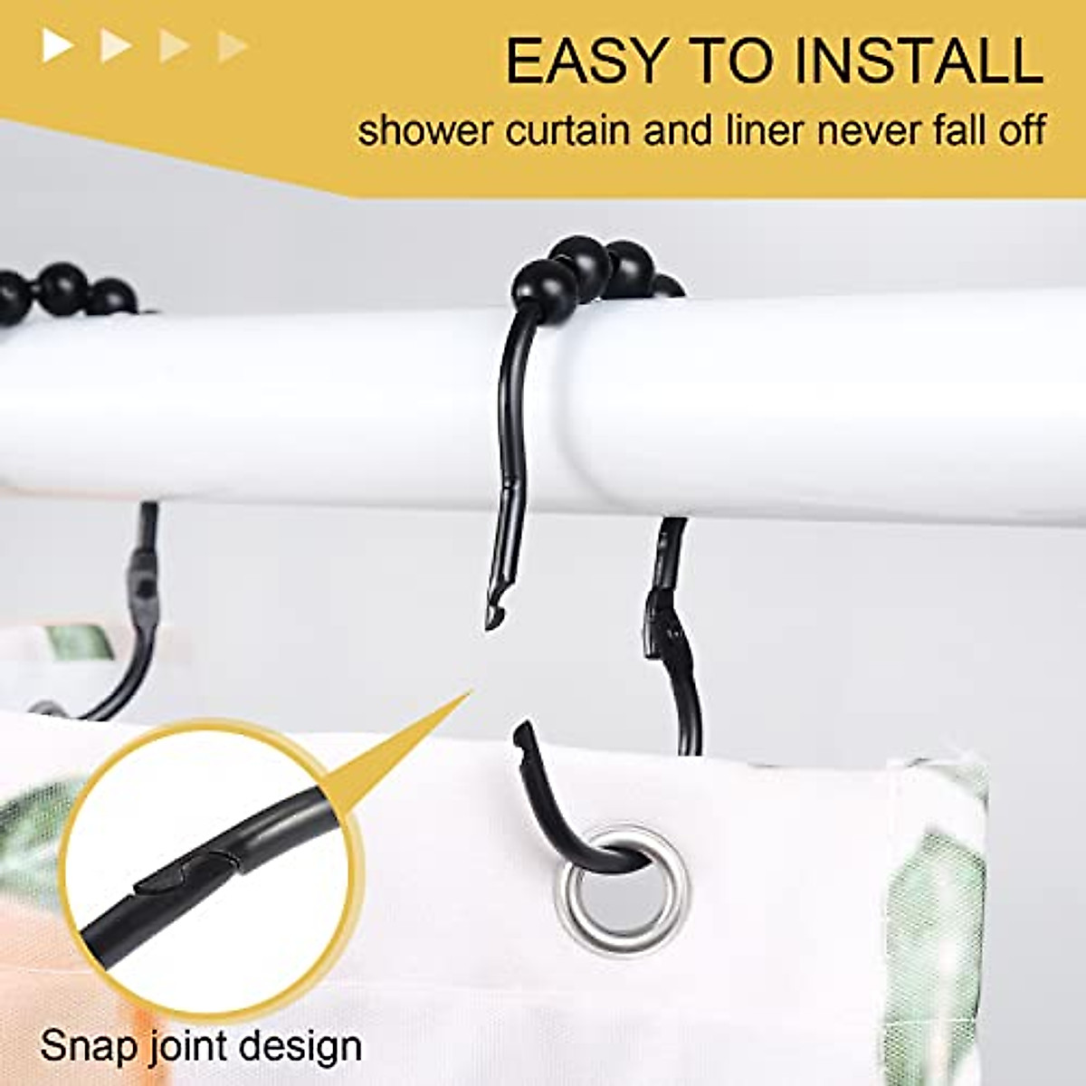 Shower Curtain Rings, SUTINE Shower Curtain Hooks, Wide Snap Shower Curtain Hooks Rust Proof, Anti-Fall Metal Shower Hooks for Shower Curtain, Glide Smoothly Shower Rings for Curtain, Black,12Pcs