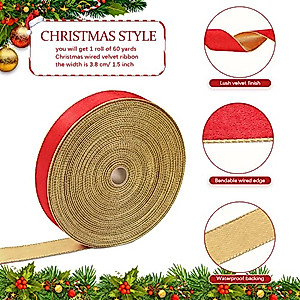 Syhood Christmas Wired Velvet Ribbon with Gold Edge Waterproof Wrapping Velvet Decoration Ribbon for Xmas Wreath Bows Floral Craft Ornaments(1.5 Inch x 60 Yard,Red/Gold)