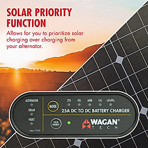 Wagan EL7410 12V 25A DC to DC Battery Charger with Solar Input MPPT Controller for SLA, Flooded, Gel, AGM, Calcium and Lithium, Using Multi-Stage Charging in RVs, Vehicles, Boats and Yachts