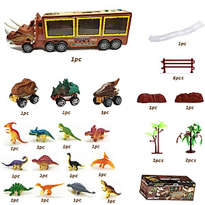Dinoaur Toy Truck for Kids Dinosaur Toy Transport car Set 1 Large Dino Carrier Truck 3 Small Pull Back Cars and 12 Dinosaur Toy Set for Toys and Birthday Gifts for Boys girlss (Brown), DINO-28set