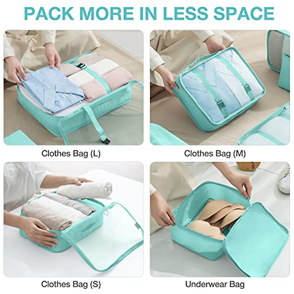 8 Set Packing Cubes for Suitcases,Packing Cubes with Shoe Bag, Cosmetics Bag, Clothing Bag, Accessories Bags Packing Cubes for Travel Luggage Organizer Women Men(Blue-Green)