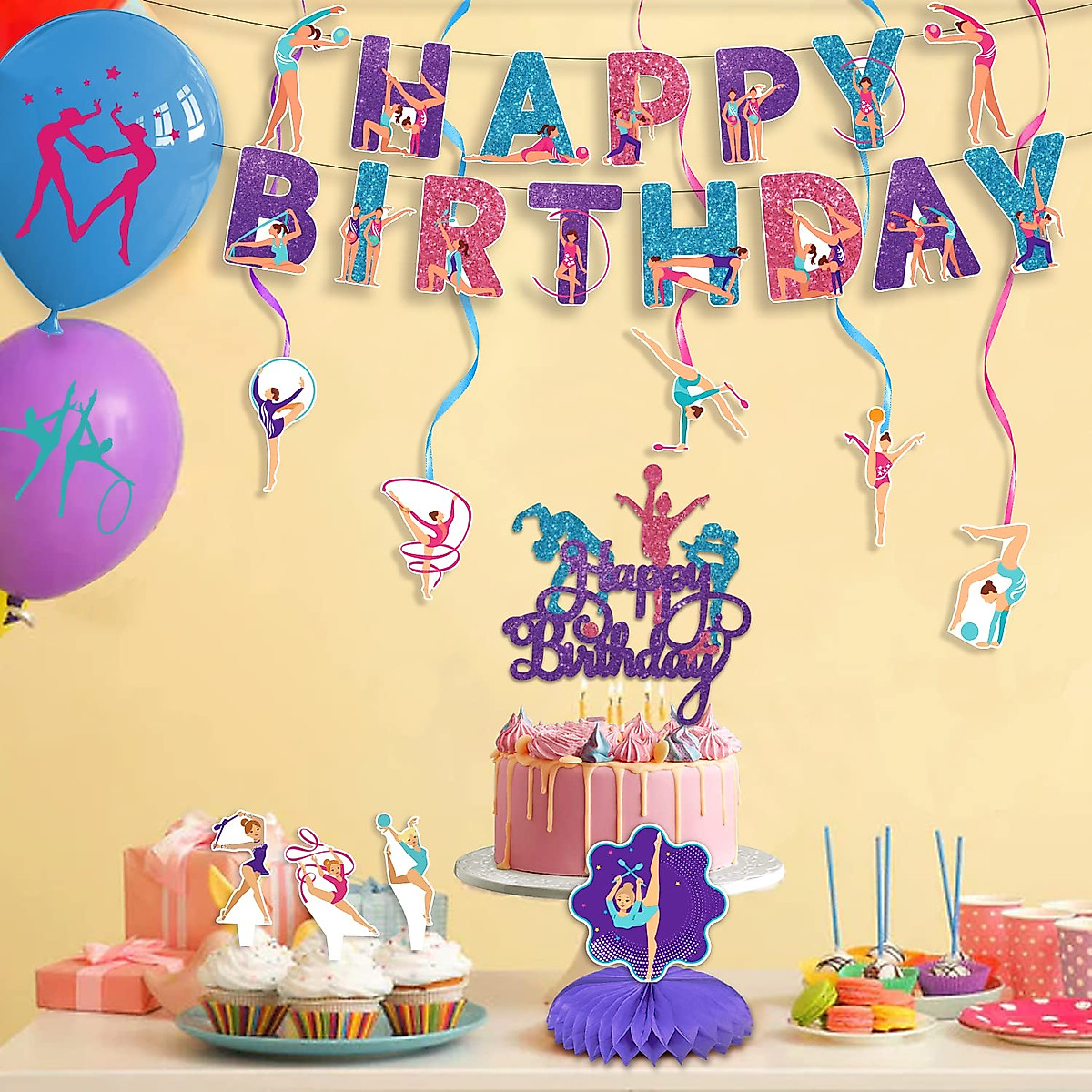 Gymnastics Birthday Party Decorations,61 Pieces Gymnastics Party Supplies for Girls,Include Gymnastics Birthday Banner,Latex Balloons,Honeycomb Centerpiece Table Decorations