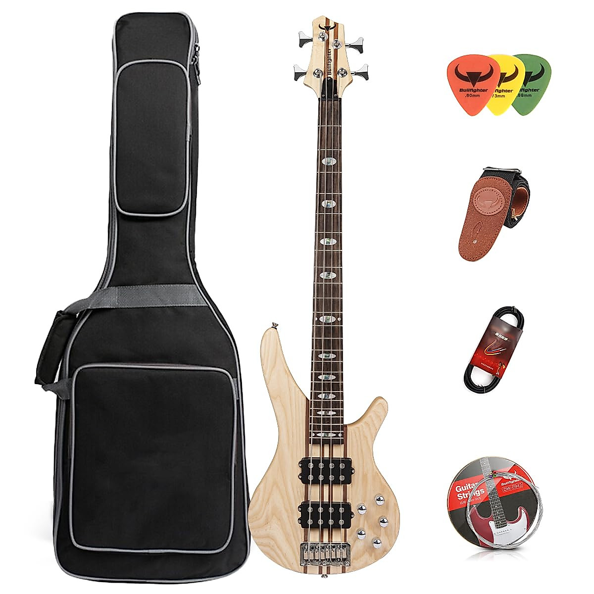 Bullfighter 4 String Electric Bass Guitar, Full Size Standard Right Handed Rosewood Fretboard Bass Kit with Gig Bag Strap Cable (wood)