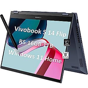 ASUS Vivobook S 14 Flip 2-in-1 Business Laptop (14" FHD+ 16:10 Touchscreen, 16GB RAM, 1TB SSD, AMD 6-Core Ryzen 5 5600H (> i7-1165G7), Active Pen), Backlit, FP, FHD Webcam, Win 11 Home, Quiet Blue