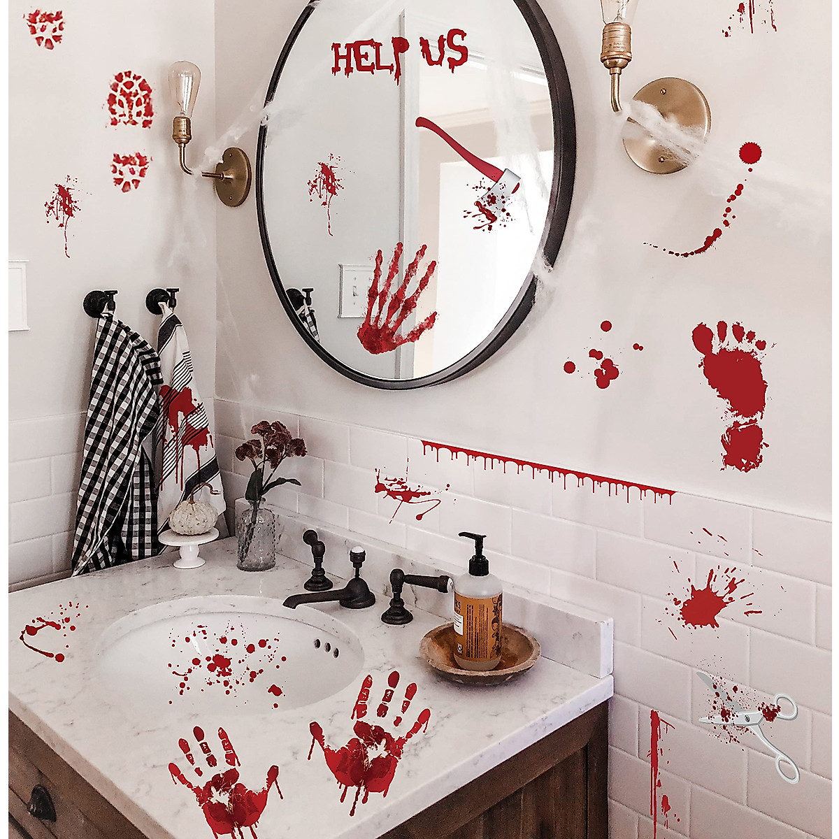 173PCS Halloween Bloody Footprints Floor Clings Plus Tattoos - Hallowmas Handprint Zombie Restroom Sign Decals Party Decorations