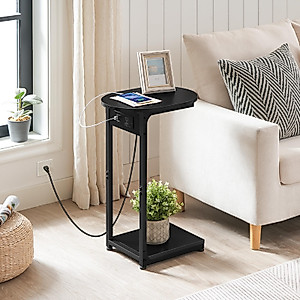 HOOBRO C Shaped End Table with Charging Station, Round Couch Side Table, TV Tray Slide Under Sofa Table with Metal Frame for Small Spaces, Living Room and Bedroom, Black BB18USF01