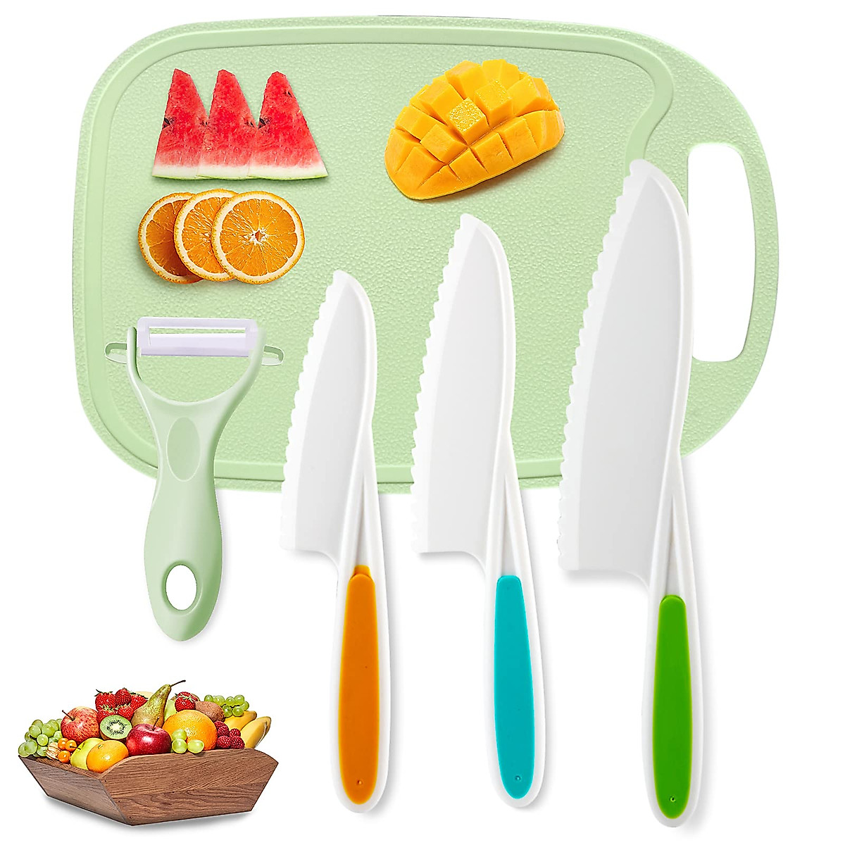 Kids Knifes Set,Children's Nylon Knives Safe Baking Real Cutting Cooking Childrens Knife Beginners Plastic Cut Fruits Salad Fun Firm Grip Toddler Chopping Friendly With Board Peeler 5Pack (green)