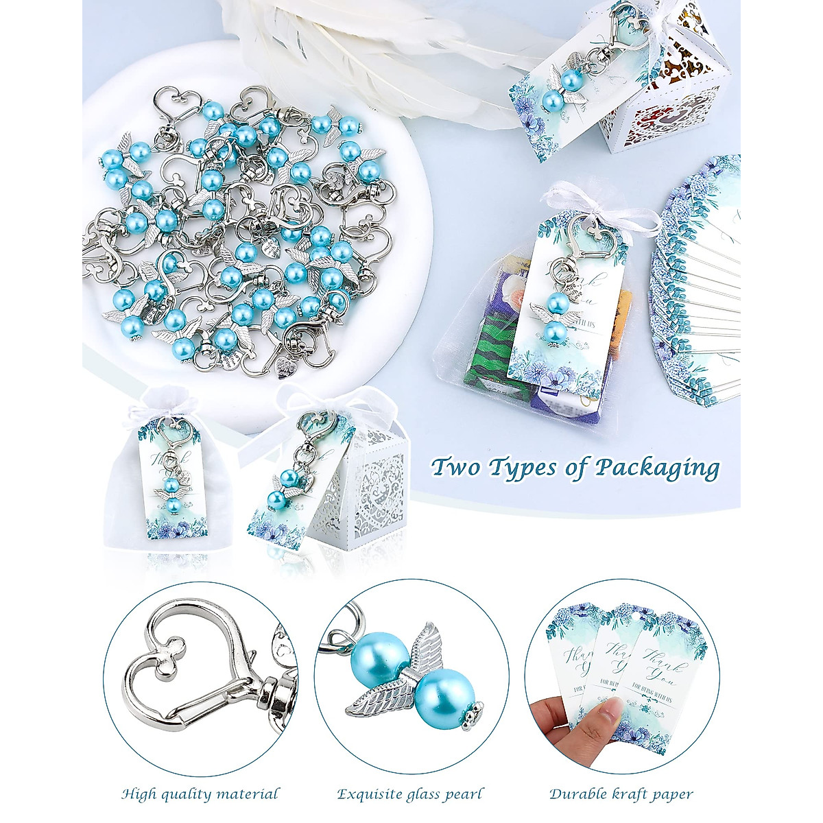 YETOOME 100 Pcs Baby Shower Favors for Boys, Angel Keychains Favor Baptism Favor Boxes White Organza Bags with Drawstring Thank You Tags for Baby Shower Baptism Party Gift, 25 Sets (Blue)