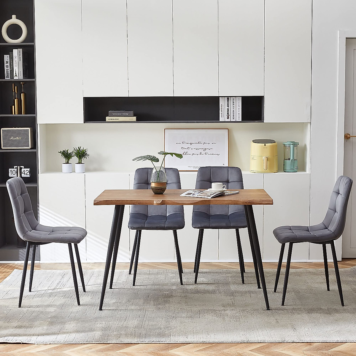 NORDICANA 5-Piece Dining Table Set, 47 in Modern Irregular Rectangle Kitchen Table & 4 Grey Velvet Upholstery Side Chairs, Metal Legs, Dining Room Set for 4