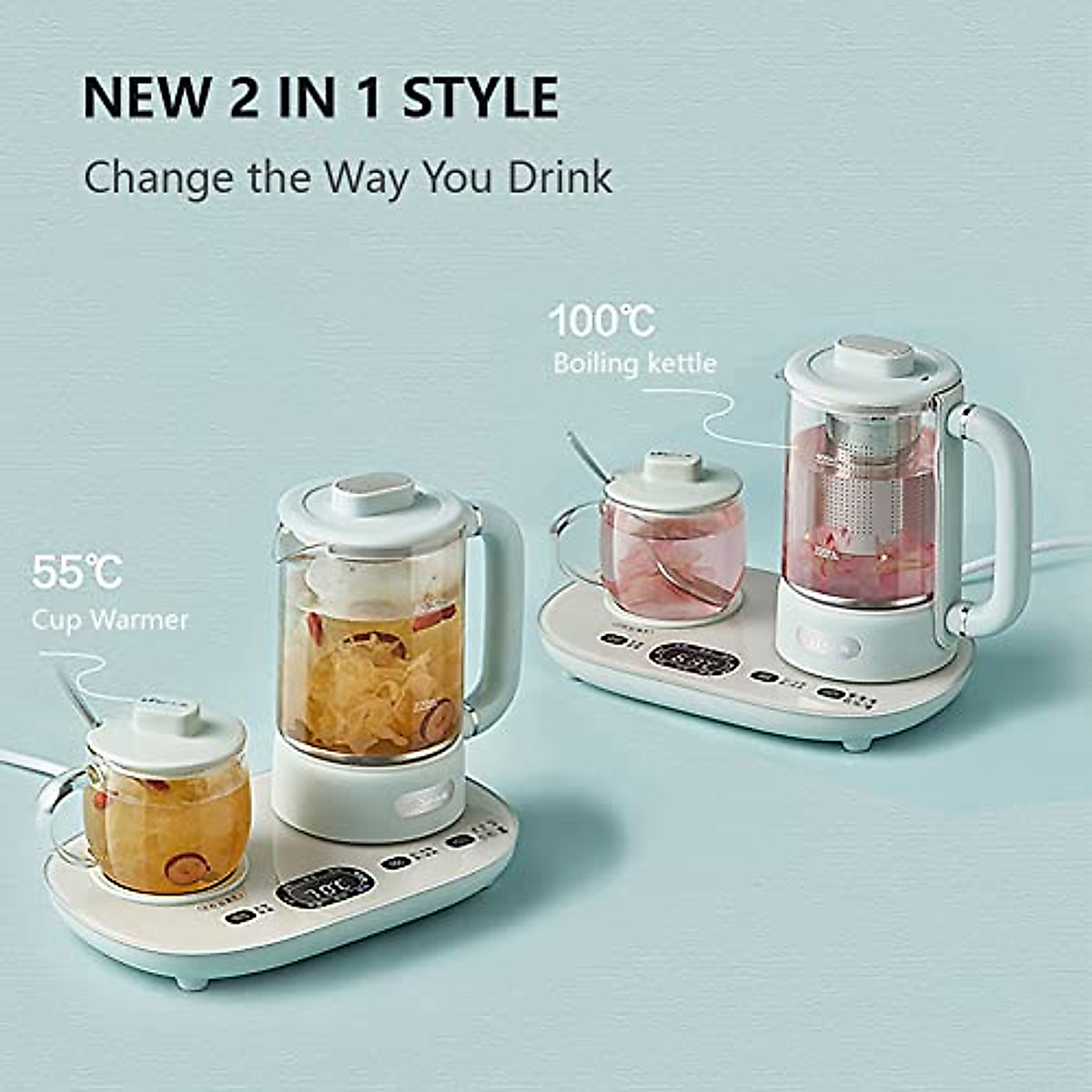 Bear YSH-C06N1 Health Pot, Electric Kettle with Cup Warmer, Glass Kettle for Coffe Tea with Infuser, Pre-set, Temperature Control, 300ml & 600ml