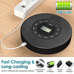 KOVCDVI Portable CD Player for Car Bluetooth CD Player with Speakers 1500mAh Rechargeable Battery Personal CD Players with Display Headphones Memory Function PROG Repeat Mode Supports USB MP3 AUX Play