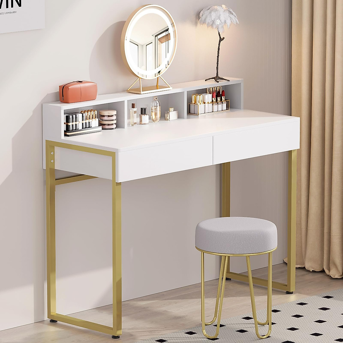 GreenForest Vanity Desk with 2 Drawers, White Makeup Desk with 3 Storage Spaces, 40 inch Small Desk with Gold Metal Legs, Modern Home Office Desk for Kids, Bedroom (No Mirror)