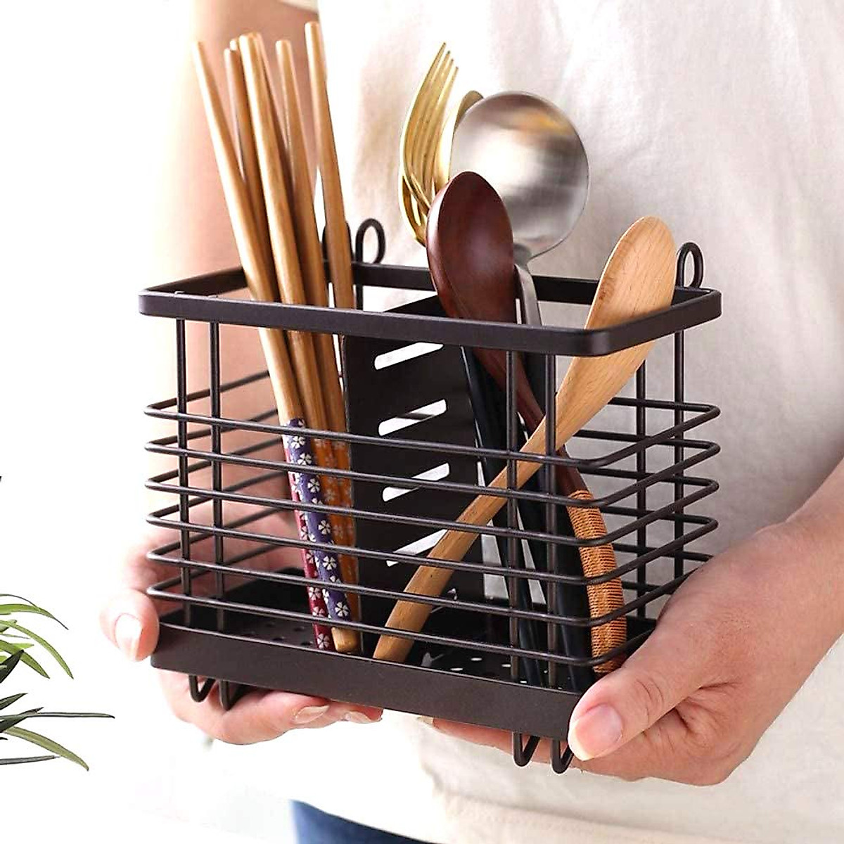 LLygezze Hanging Metal Mesh Utensil Drying Rack, 2 Compartments Draining Basket for Chopsticks Spoon Fork Knife Holder (Coffee)