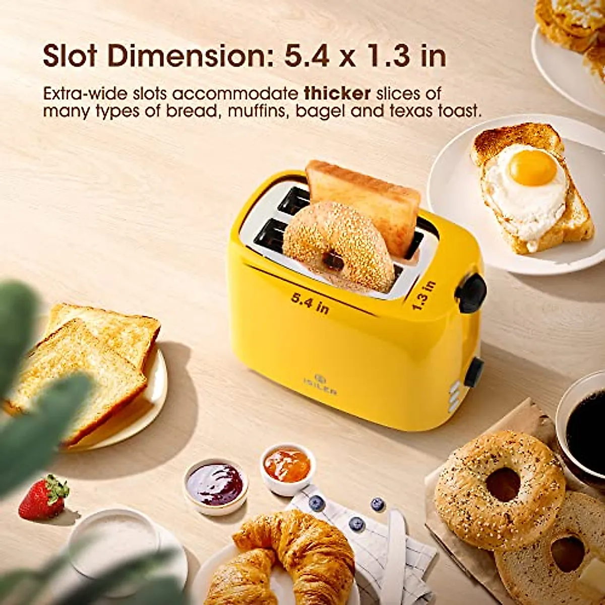 iSiLER 2 Slice Toaster, 1.3 Inches Wide Slot Bagel Toaster with 7 Shade Settings and Double Side Baking, Compact Bread Toaster with Removable Crumb Tray, Defrost Cancel Function Yellow