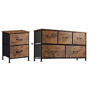 WLIVE 2-Drawer Nightstand and 5-Drawer Dresser Set, Fabric Storage Tower for Bedroom, Hallway, Closets, Tall Chest Organizer Unit with Textured Print Fabric Bins, Steel Frame, Wood Grain Print