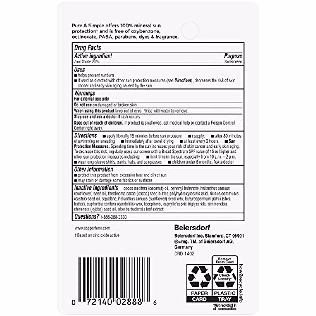 Coppertone Pure and Simple Mineral Sunscreen Stick SPF 50, Water Resistant, Hypoallergenic, Face Sunscreen with Broad Spectrum UVA/UVB Protection, 0.49 oz Stick