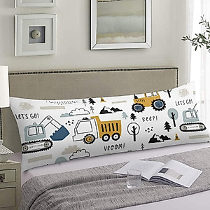 WINTYE Cute Cars Truck Tractor Body Pillow Cover 20×54in with Zipper Cartoon Crane Body Pillow Pillowcase Decorative Rectangular Pillow Case Long Bed Pillow Cover for Kids Adults Couch