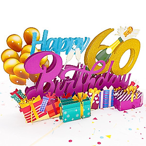 Liif Happy 60Th Birthday 3D Greeting Pop Up Card, Happy Birthday Card For Women, Men, Funny, 60 Years Old, Balloon, Champagne, Celebration - With 60 Gold Glitter & Message Note