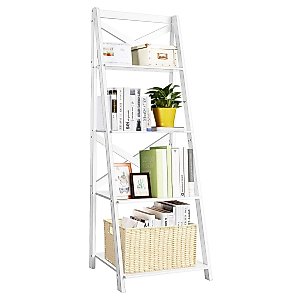 Tangkula 4-Tier Ladder Shelf Bookcase Leaning Free Standing Wooden Frame Decor Bookshelf Storage Flower Shelf Plant Display Shelf for Home Office (White, 1)