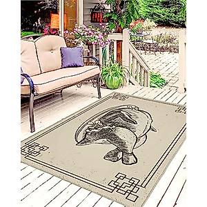 Indoor/Outdoor Area Rug Thanksgiving Turkey Retro Lines Border Carpet for Patio/Backyard/Porch/Deck, Sketch Black Food Camping RV Rugs Mat Water Absorb Non-Shedding Home Floor Pad-4'x6'