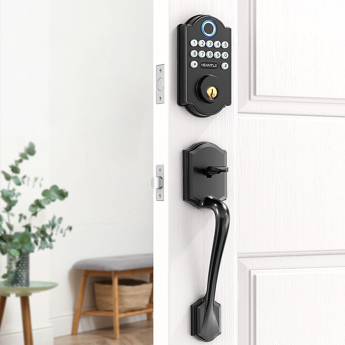 Front Door Lock Set, HEANTLE Keyless Entry Locks with Handle, Electronic Digital Keypad for Sets, Automatic Fingerprint Locksets Deadbolt Exterior, Auto Lock, Easy to Install