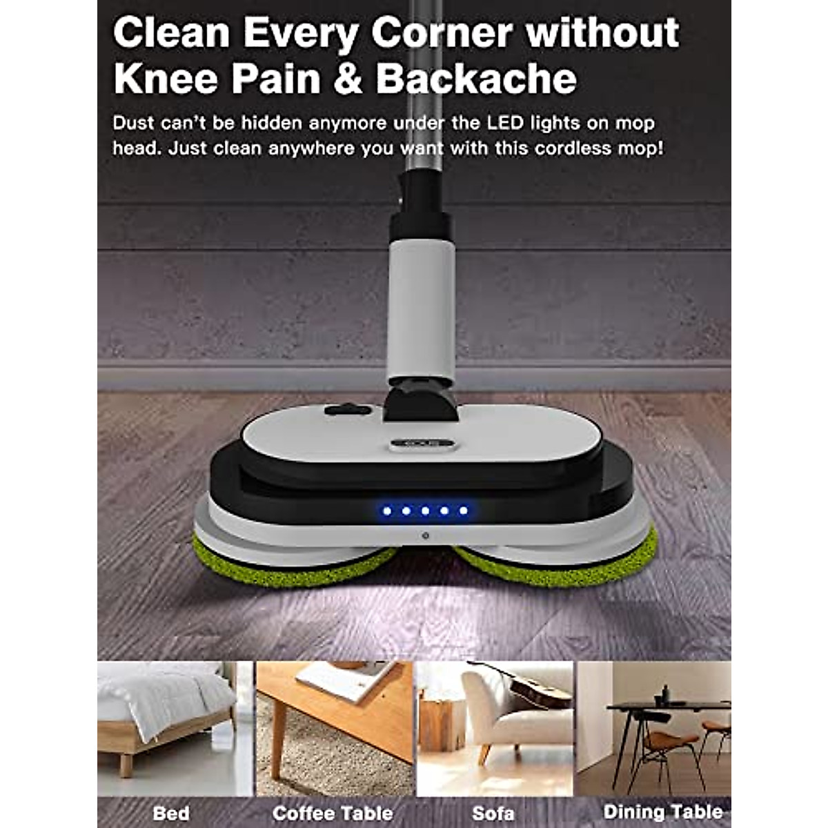 Cordless Electric Mop, Electric Floor Cleaner with LED Headlight & Water Sprayer, Up to 60 mins Detachable Battery, Dual-Motor Powerful Spin Mop with 300ML Water Tank for Multi-Surface, Self-Propelled