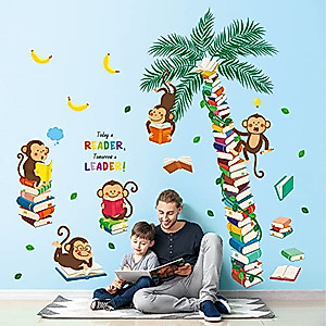 DECOWALL DSL-8065 Monkey Tree Books Wall Stickers Decals for Kids Jungle Reading playroom Toddler Reading Nook Safari Classroom Bedroom Baby Decor DIY Animals Nursery