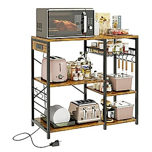 EasyCom Bakers Rack with Power Outlet, Microwave Stand, Kitchen Storage with Pull-Out Basket 6 S-Shaped Hooks, Microwave Cart for Kitchen, Coffee Bar, Office, Rustic Brown
