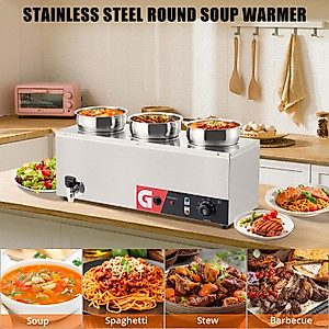 GarveeHome Commercial Soup Warmer - 3x4.2QT Stainless Steel Buffet Bain Marie, 86-185℉ Adjustable Temp Round Pot, with Anti-Dry Burn and Reset Button, 800W Electric Food Warmer