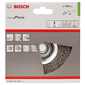 Bosch 2608622108 Conical Brush Crimped Wire, 0.35mm, 100mm x M14, Inox, Silver/Green