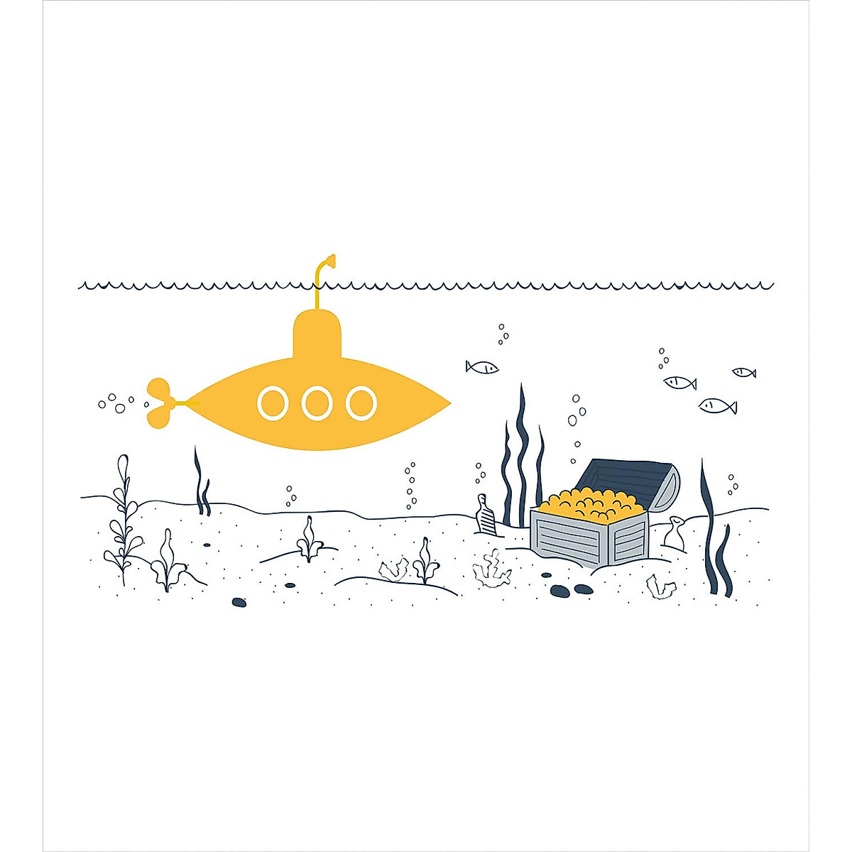 Ambesonne Yellow Submarine Duvet Cover Set, Submarine Fish and a Treasure Chest on The Sea Bottom Print, Decorative 3 Piece Bedding Set with 2 Pillow Shams, California King, White and Earth Yellow