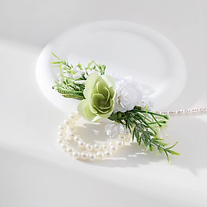 Yumikoo Rose Flower Wrist Corsage Bracelets - Prom Wedding Handmade Pearl White Corsage for Women