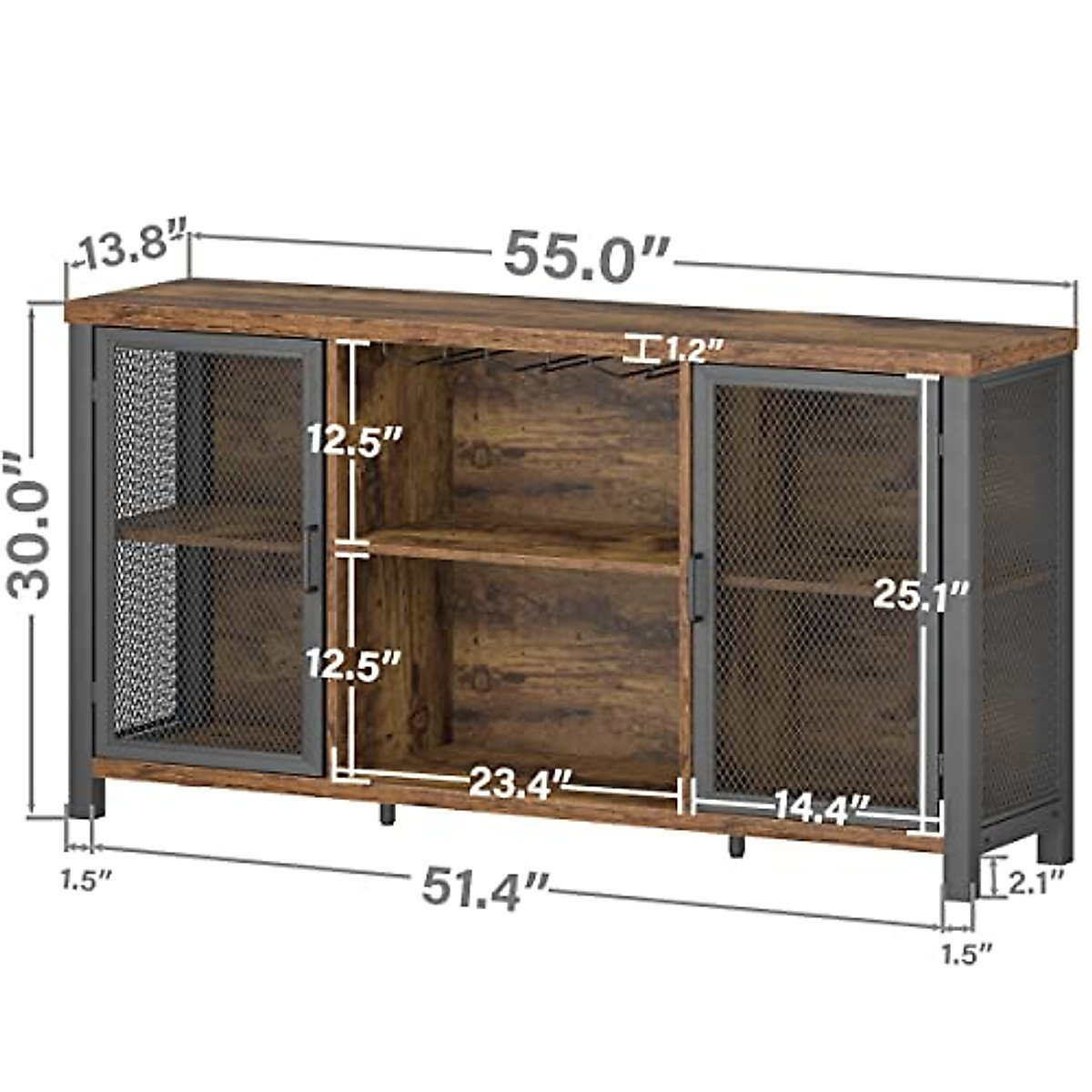 Launica Industrial Coffee Bar Cabinet, Wine Bar Cabinet for Liquor and Glasses, Liquor Cabinet with wine Rack Storage, Wood Metal Sideboard Buffet Cabinet for Home Kitchen Dining, Rustic Brown 55 Inch