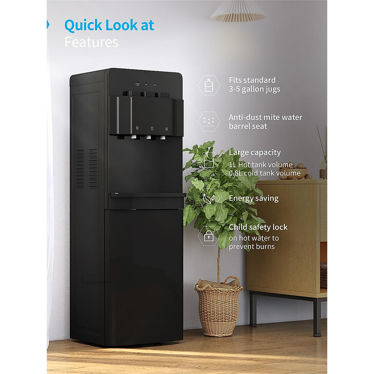 Tabu Hot & Cold Water Cooler Dispenser, Bottom Loading Holds 3 or 5 Gallon Bottle, with Anti-Scalding Design, Storage Cabinet and Child Safety Lock for Home, Office Use (Black)