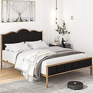 HITHOS Full Size Modern Upholstered PU Bed Frame with Tufted Headboard, Heavy Duty Platform Bed with Wood Slat Support, Noise Free, No Box Spring Needed (Black)