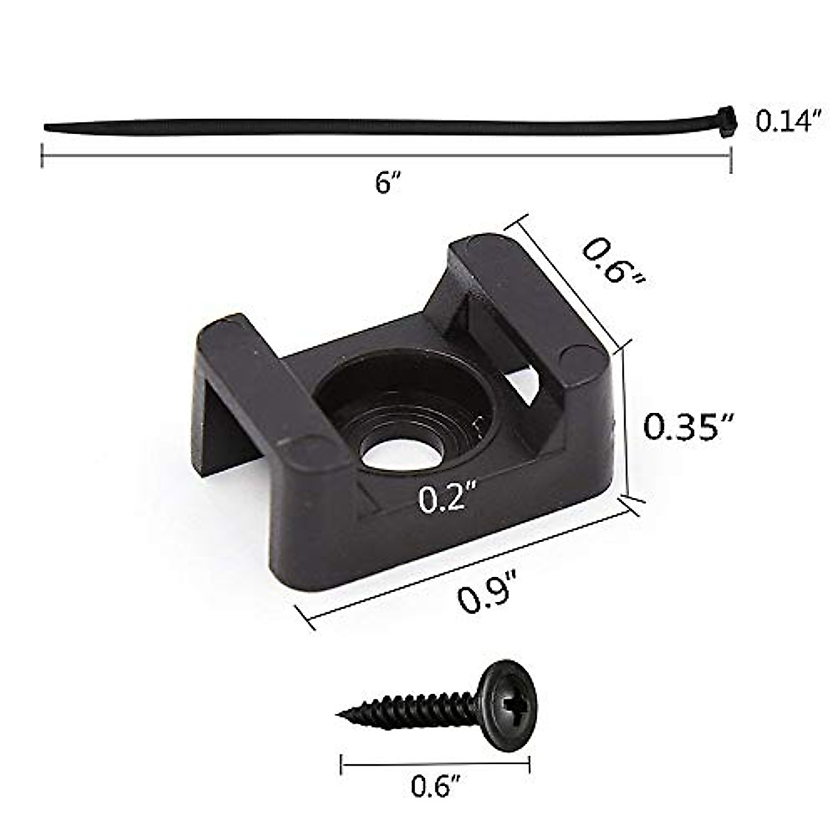 50 Pcs Black Cable Tie Base Saddle Type Mount Wire Holder, Cable Zip Ties with Self-Locking 6 Inch & 0.145 Inch,#8 x 0.6 Inch Deep Thread Pan Head Screws Black