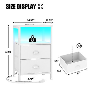 Furologee Nightstands Set of 2, End Tables Set of 2 with Charging Station and LED Lights, White Night Stands with 2 Fabric Drawers, Bedside Tables for Living Room/Bedroom