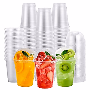 FOCUSLINE 200 PACK 12oz Clear Plastic Cups, Disposable Cold Drinking Cups, 12 Ounce Clear Cups with Dome Lids with Holes for Smoothie, Milkshake, Bubble Tea, Parfait