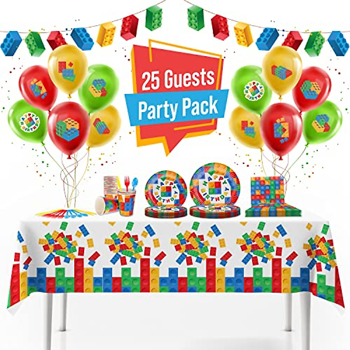 Building Block Birthday Party Supplies Set | Baby Boy Toddler Kids Birthday Brick Decorations – Cups Plates Signs Napkins Balloons Tablecloth Utensils – Decorations for Boys and Girls – Serves 25