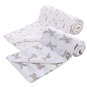 Miracle Baby Muslin Swaddle Blanket for Girl, 47"x47" 100% Cotton Muslin Extra-Large Swaddle Blankets, Muslin Swaddling Wrap Neutral Receiving Blanket for Newborn, 2 Pack, Rabbit + Flower