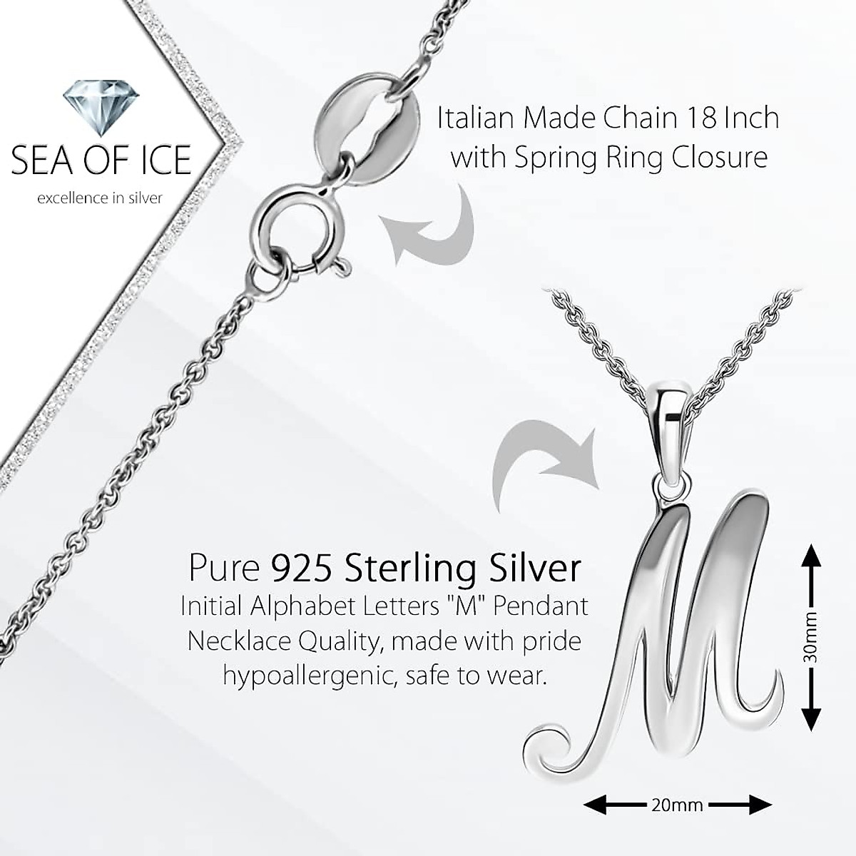 SEA OF ICE M Necklace Initial Alphabet Letter Pendant Necklace, Sterling Silver Necklace for Women, Elegant Initial Necklaces, Personalized Custom Women's Necklaces, Sterling Silver Jewelry