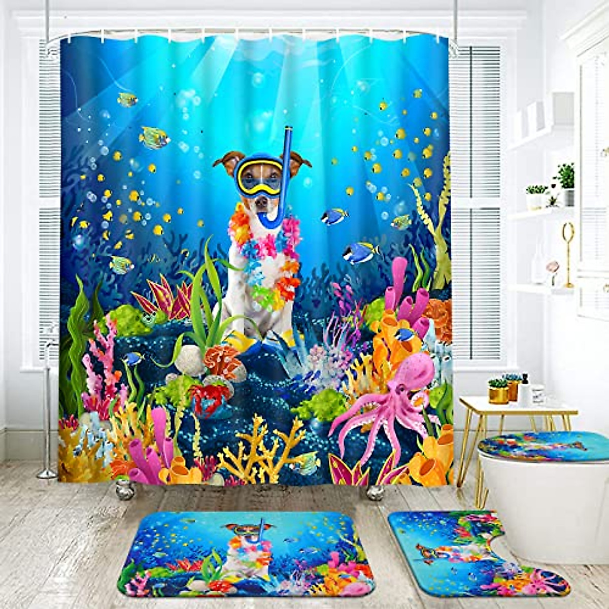 Likiyol 4 Pcs Funny Dog Shower Curtain Sets with Non-Slip Rugs, Toilet Lid Cover and Bath Mat, Blue Ocean Shower Curtain with 12 Hooks, Cute Kids Bathroom Decor