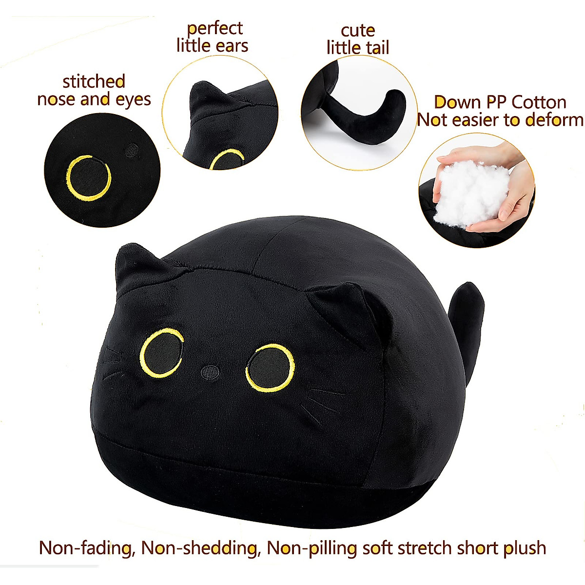 SteasMotai 15.7" 3D Black Cat Plush Toy Pillow, Soft Kawaii Kitten Stuffed Animal Cushion