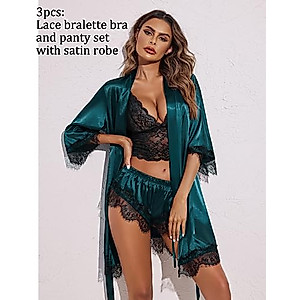 MAXMODA Sexy Pajamas Lace 3 piece Pjs Sets for Women Cami Shorts Lingerie Set with Silk Robe Bridal Sleepwear Dark Green